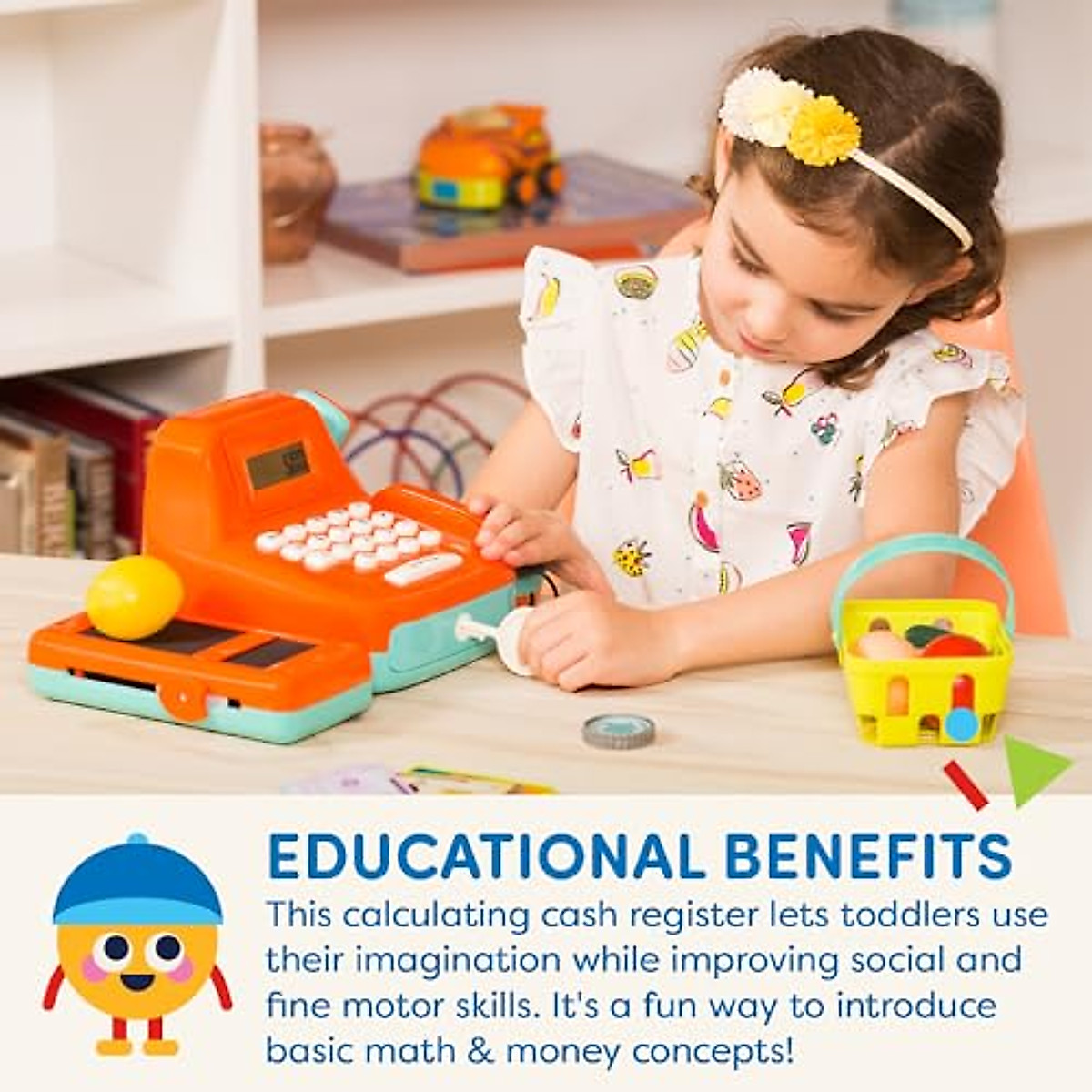 Battat - Interactive Kids Cash Register with Scanner & Sounds - 26-Piece Pretend Play Shopping Set with Light-Up Scanner, Play Money & Card - Educational Toy for Learning & Fun - Ages 3+