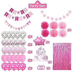 Pink Birthday Party Decorations, Light Pink and White Decorations with Happy Birthday Banner, Tissue Pom Pom Flowers, Pink Foil Fringe Curtain, Happy Birthday Party Supplies for Girls Women Kids