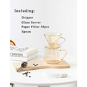 Pour Over Coffee Maker Set with Glass Dripper, 600ml 20oz V60 Coffee Server Pot, 50 Paper Filter and Spoon, Gift Kit for Coffee Lover