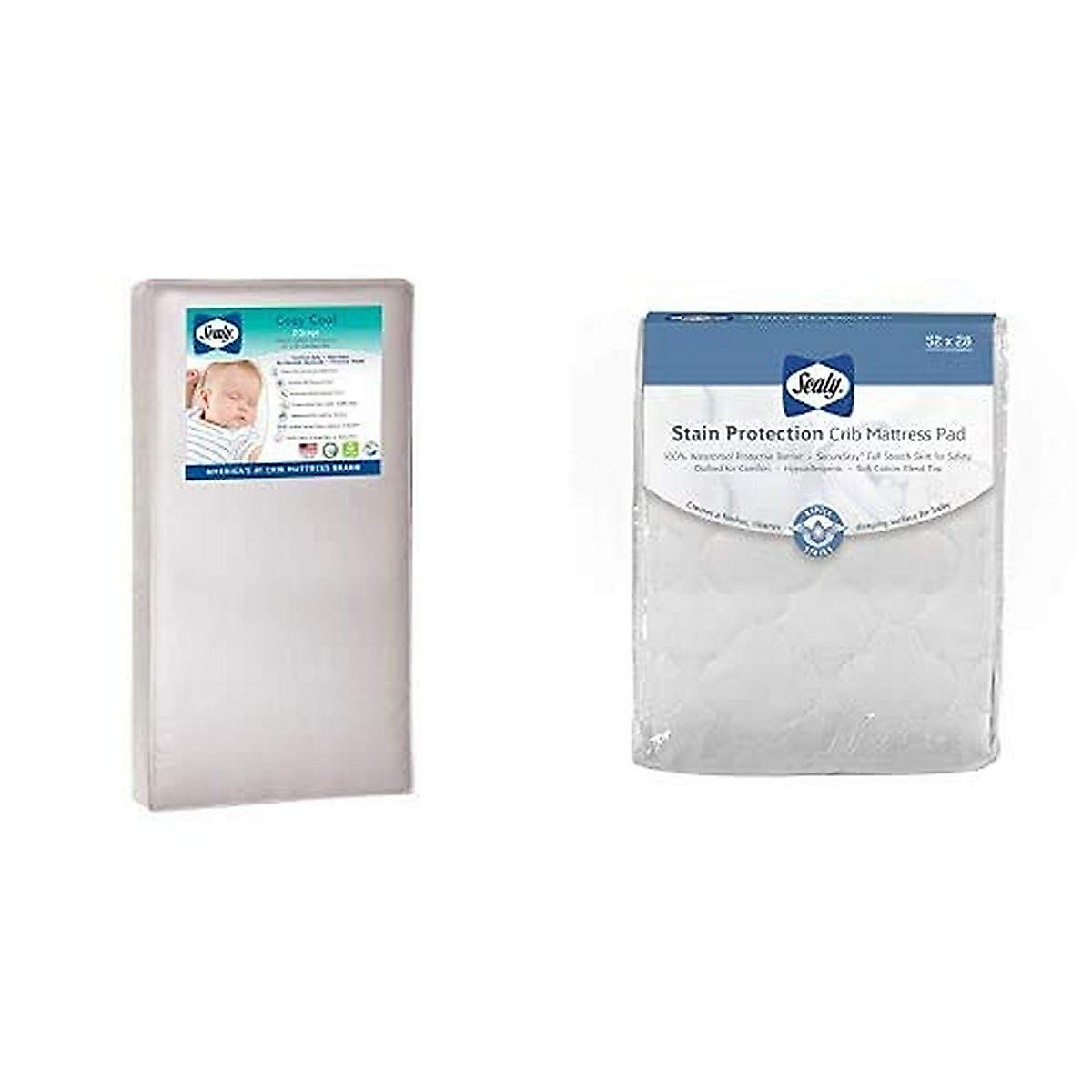 Sealy Baby Cozy Cool Hybrid 2-Stage Dual Firmness Waterproof Standard Toddler & Baby Crib Mattress and Stain Protection Waterproof Fitted Crib Mattress Pad