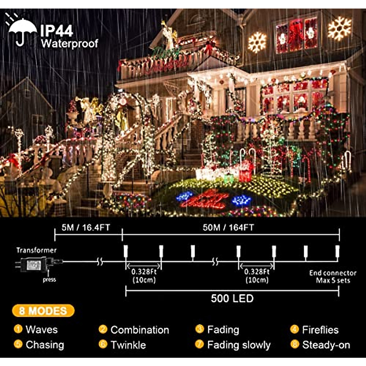 kemooie 500 LED Christmas Lights, 164FT 8 Lighting Modes Plug in Waterproof LED String Lights for Outdoor Christmas Tree Birthday Christmas Wedding Party Garden Balcony Decorations (Warm White)