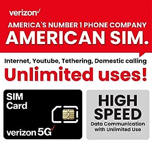 USA Prepaid SIM Card (Verizon Network) | Unlimited 5G/4G Internet Data in USA (Including Hawaii) | Unlimited Calls and Texts Within US (30Days) (Does not Work with HOTSPOTS)