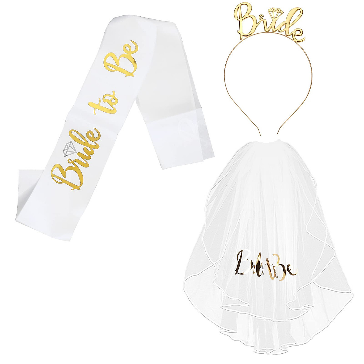 Yolev Bachelorette Party Accessories Set, 3 Piece Rose Gold Bridal Shower Decoration Accessories-Bride to Be Sash and Veil Bride Headband for Bachelorette Party Supplies