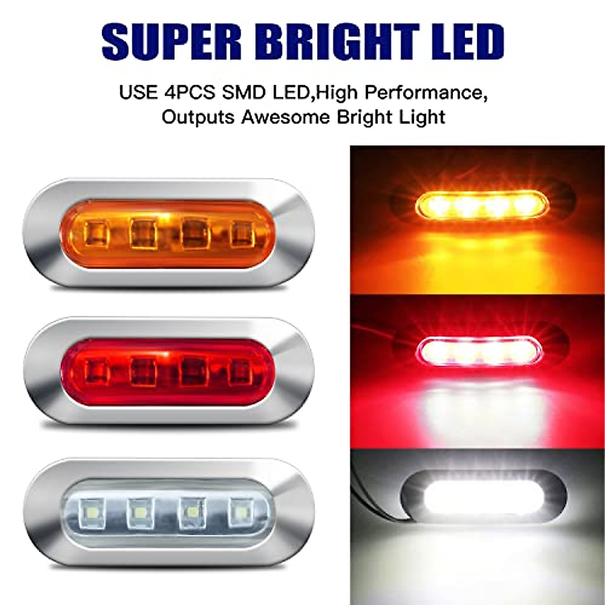 ALFU 8PCS 12-24V 4 LED Side Marker Indicator Lights Side Front Rear Tail Clearance Lamp Marker Light Trailer Lights for Trailer Truck Boat Deck RV Camper (4PCS Amber+4PCS Red)