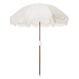 Business & Pleasure Co. Holiday Beach Umbrella ~ White Boho Fringe Umbrella, UPF 50+, 1" Tilting Wood Pole, 5’W x 6.5’H