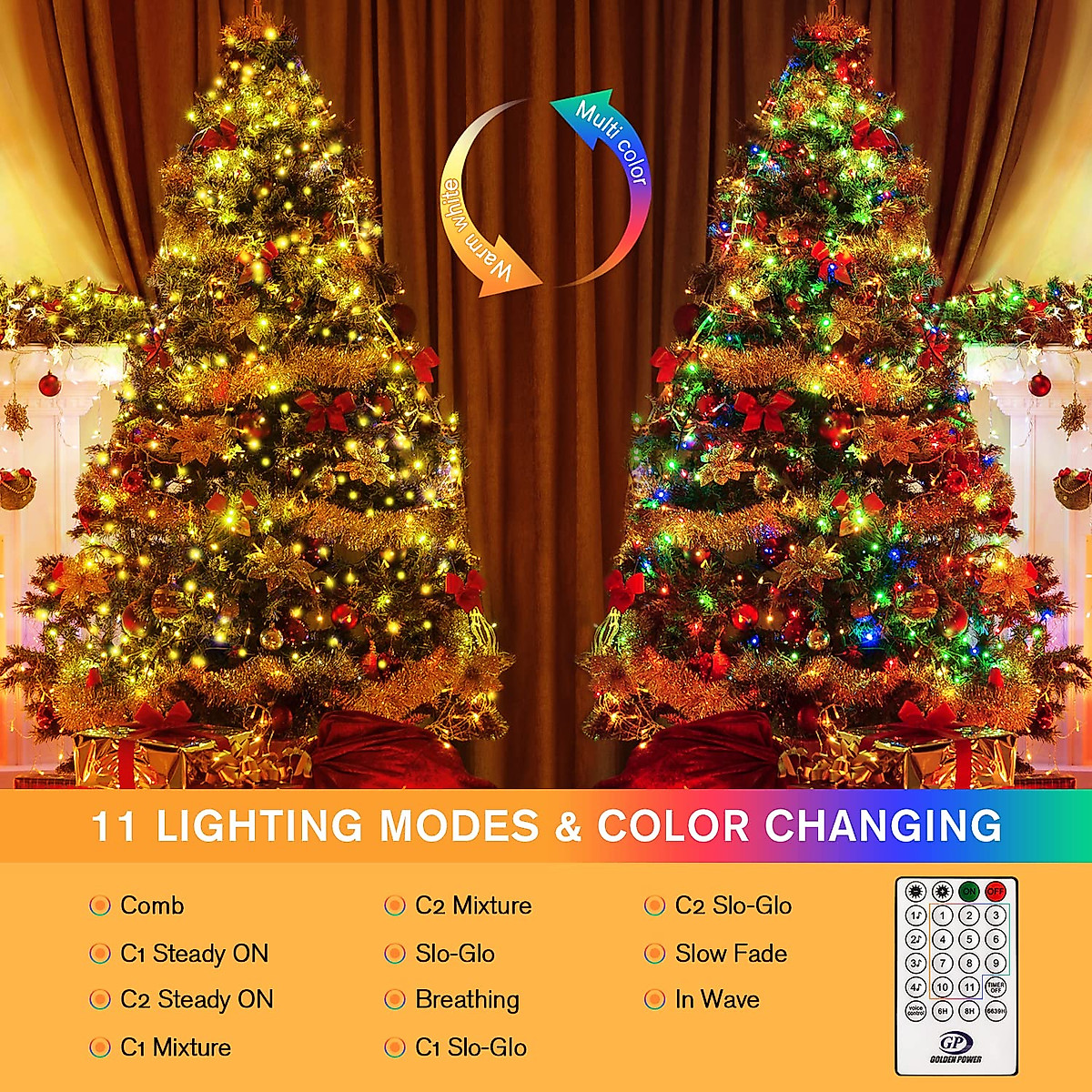 JMEXSUSS 33ft 100 LED Color Changing String Lights Plug in, 11 Modes Warm White & Multicolor Christmas Tree Lights Indoor with Remote, Christmas String Lights Outdoor Waterproof for Xmas Indoor Decor