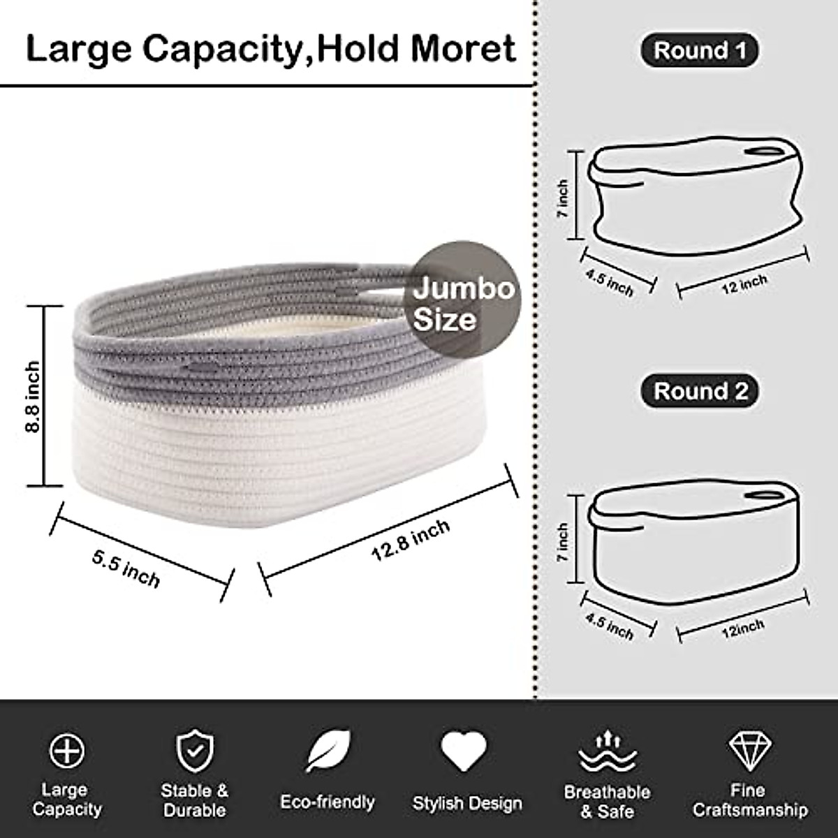 OIAHOMY Cotton Rope Storage Basket, Set of 5 Woven Baskets for Organizing with Handles, Decorative Basket for Baby Nursery, Dog Cat Toy Baskets - Grey & White