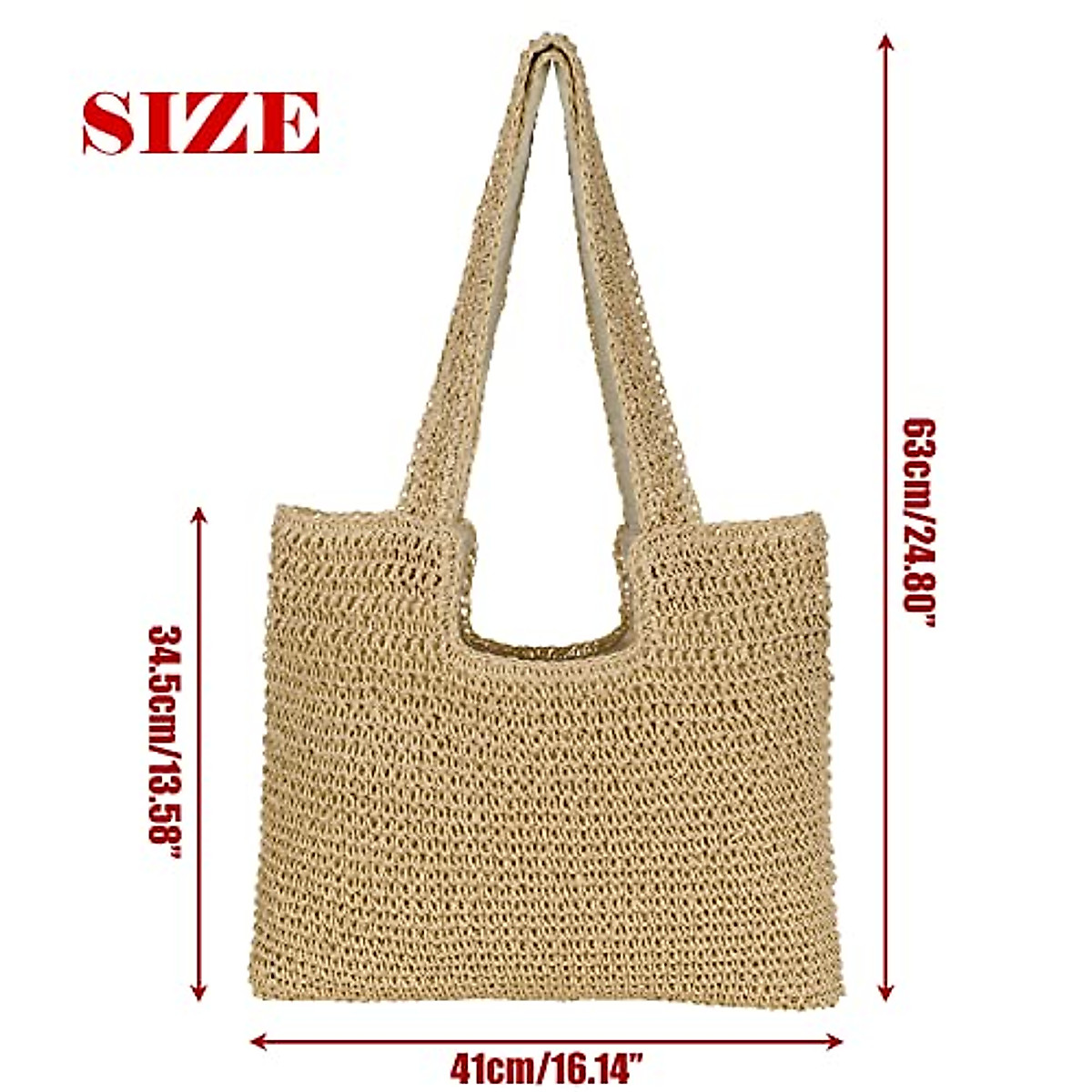 Finnhomy Handmade Straw Beach Bag Large Capacity Women Woven Tote Bag Super light Hobo Bag Shoulder Bag for Beach Picnic Summer Vacation, Beige