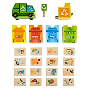 Reduce & Reuse Recycling Center Playset | Wooden Green Garbage Truck Toy, Sorting Bins, and Accessories | Safe, Natural Materials For Environmental Learning, Fine Motor Skills, and Play | 24 Pieces