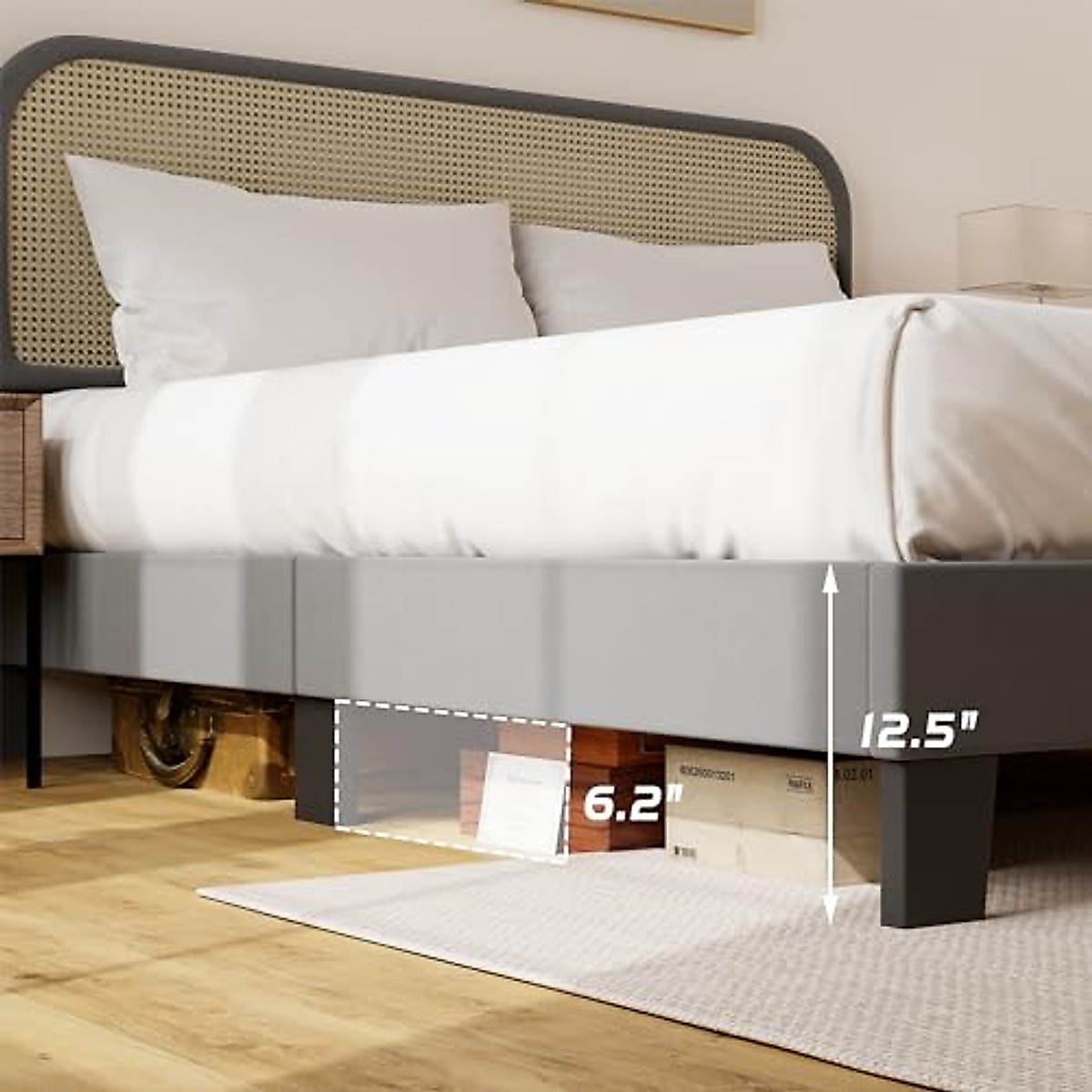 Lifezone Queen Bed Frame with Adjustable Rattan Headboard, Queen Size Bed Frame with Wood Slats Support, Safe Rounded Corner Design, Linen Fabric, High Feet, No Box Spring Needed, Light Grey