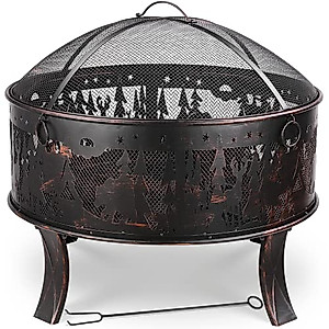 Portable Fire Bowl 27 Inch Fire Pit, Outside Fire Pit, Garden Fireplace with Spark Guard, Poker & Charcoal Grate, Fire Pits for Patio Camping Backyard Balcony, Elk Pattern