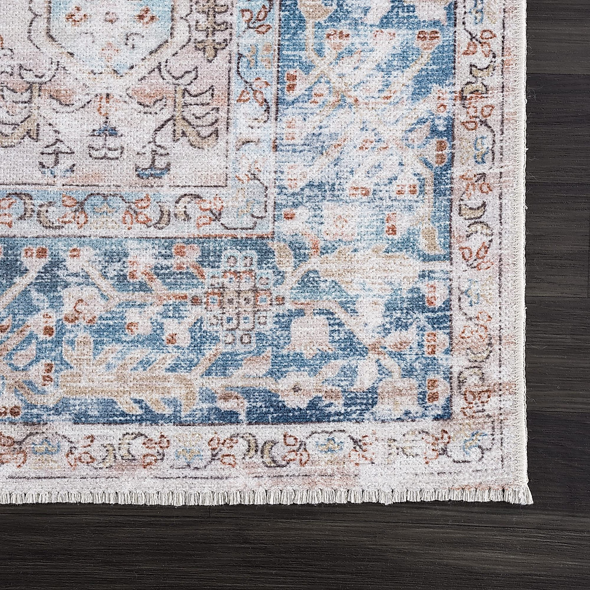 Bloom Rugs Caria Washable Non-Slip 12 ft Runner - Beige/Ocean Blue Traditional Runner for Entryway, Hallway, Bathroom, and Kitchen - Exact Size: 2'6" x 12'
