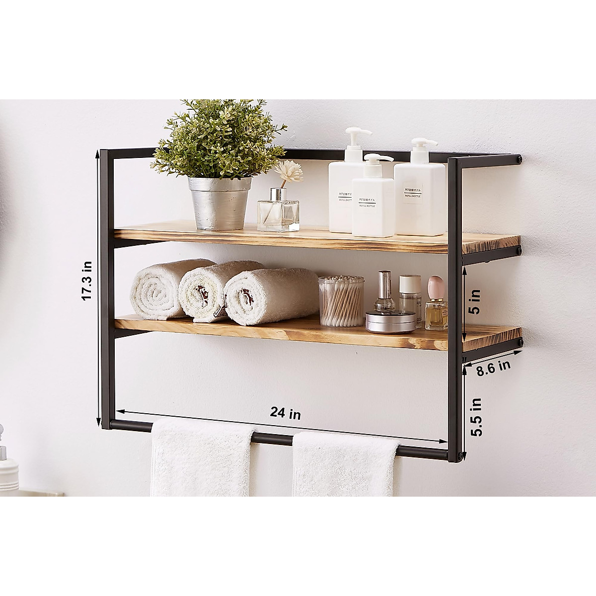 Metal Industrial 2 Tier Bathroom Shelves Wall Mounted,24" Bathroom Shelf with Towel Bar,Wall Shelf Towel Rack Over Toilet,Floating Shelves Towel Holder,Solid Wood Shelves with Metal Frame,Black