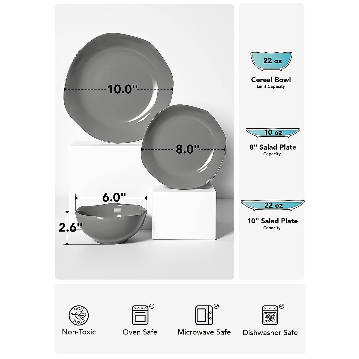 LE TAUCI Dinnerware Sets 12 Piece, Serve for 4, Ceramic Plates and Bowls Set (10" Dinner Plates + 8" Salad Dish + 22 oz Bowl) x 4, Suit For House Warming Wedding, Dishwasher Microwave Oven safe - Grey