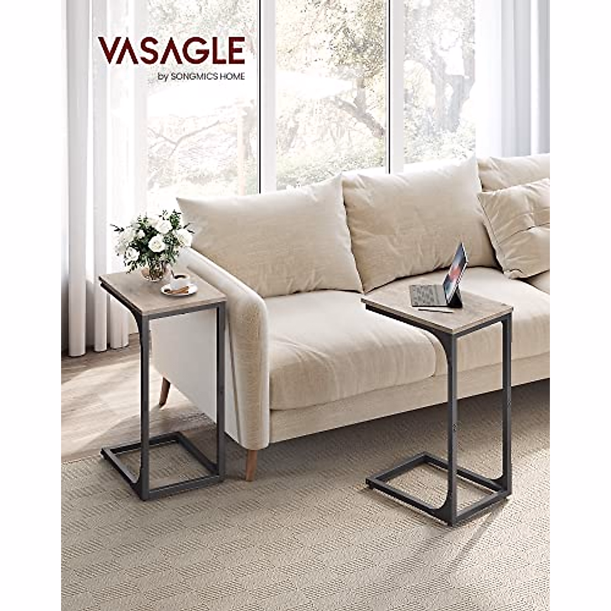 VASAGLE C-Shaped End Table Set of 2, Small Side Table for Couch, Sofa Table with Metal Frame for Living Room, Bedroom, Bedside, Greige and Black