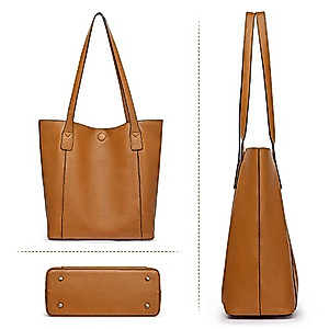 S-ZONE Genuine Leather Tote Bag for Women Soft Shoulder Handbag Ladies Purse with Canvas Pouch
