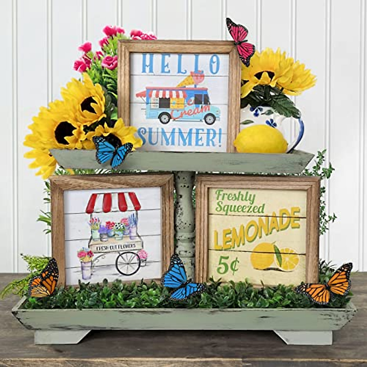 Set of 3 Rustic Wood Frames for Tiered Tray Decor with 36 Seasonal Interchangeable home signs Farmhouse Home Decor for the Spring, Summer, Fall, Winter, Christmas, Easter, Thanksgiving, 4th of July, Halloween, Valentines & St Patrick’s Day, 7x7 in.