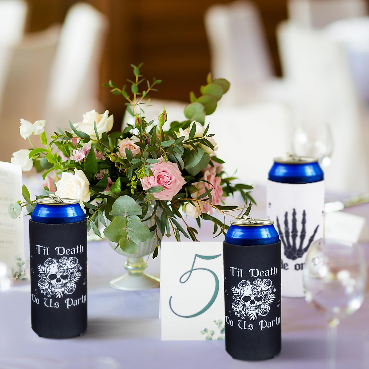 Dandat 12 Pcs Bride or Die Bachelorette Party Can Sleeves Till Death Beverage Sleeves Neoprene Drink Cans Covers Bride or Die Bachelorette Party Decorations Gothic Skeleton(White, Black)