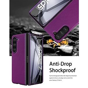 Feitenn for Samsung Z Fold 5 Case, Z Fold 5 Genuine Leather Back Case Slim Hard PC Bling Shockproof Case with Front Tempered Glass Screen Protector Film for Samsung Z Fold 5 2023 (Purple)