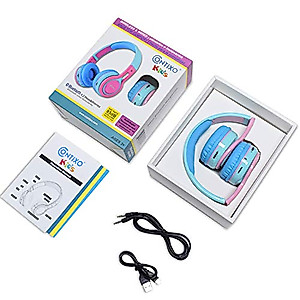 Contixo KB-2600 Cotton Candy Color Kids Headphones - Wireless Headphones for Kids - Premium Sound Limit - Long Lasting Battery - Built-in Mic - Children Bluetooth Headphones for Boys Girls (Blue Pink)