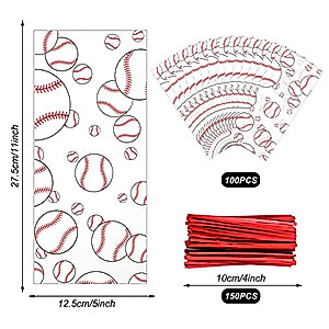 Outus 100 Pieces Baseball Party Treat Bags Baseball Candy Bags Baseball Cellophane Bags Baseball Goodie Bags Sports Treat Bags with 150 Pieces Red Twist Ties for Baseball Party Favors