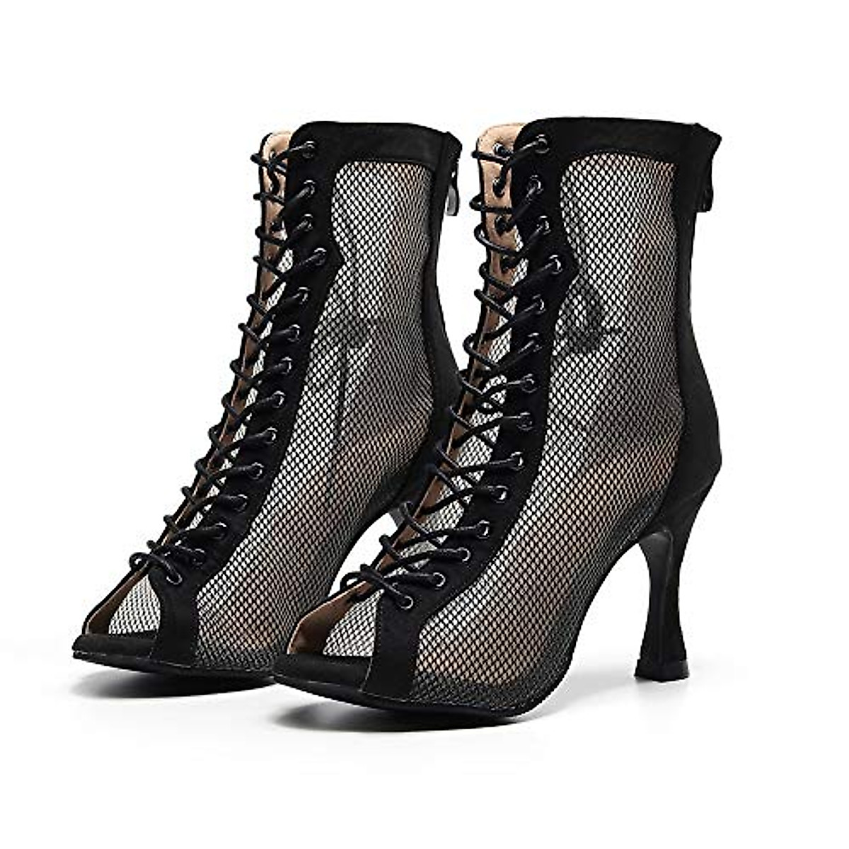 HROYL Open Toe Dance Boots Women Latin Salsa Ballroom Lace-up Ankle Dance Shoes,QJW7179-Black-8.3,US8