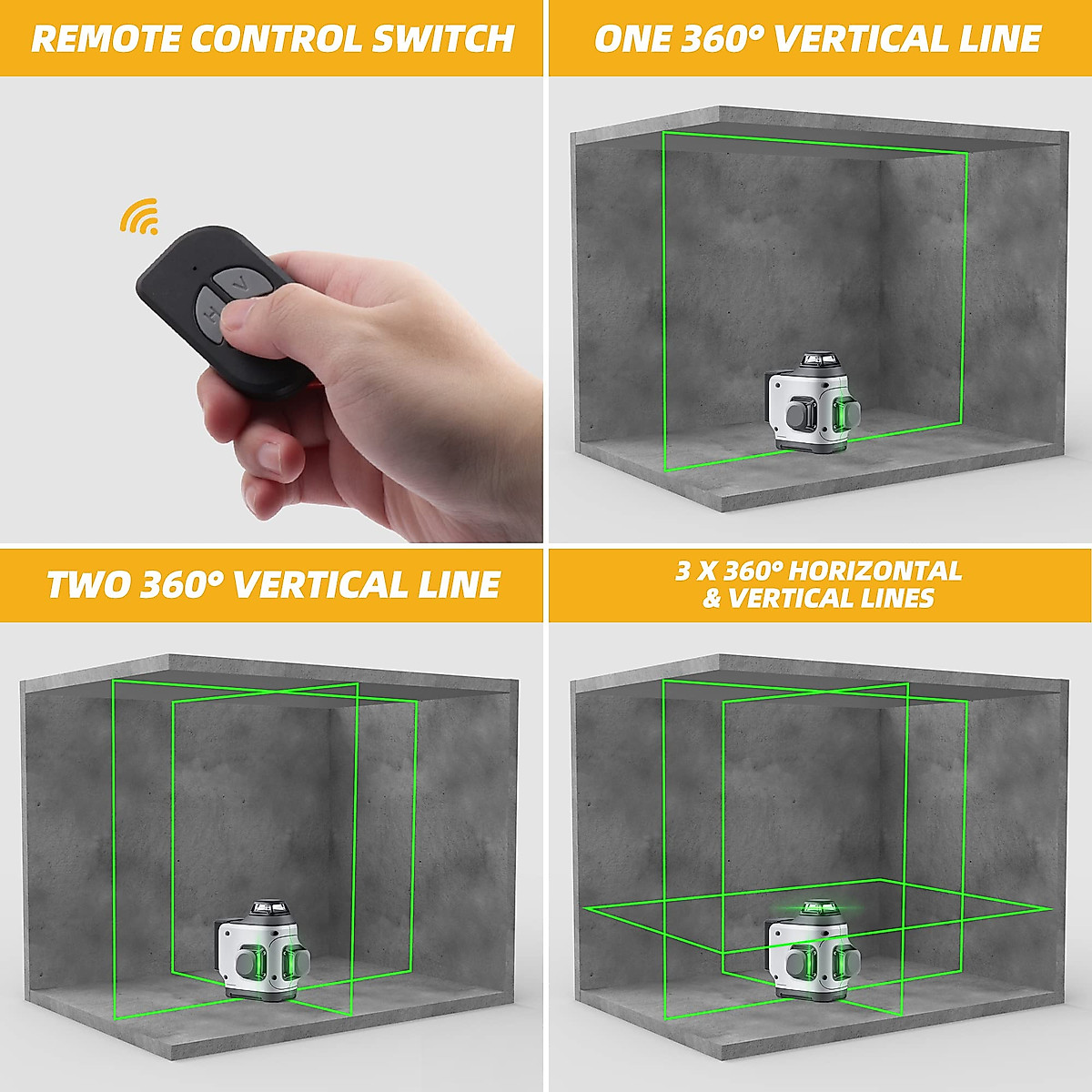 URASISTO 3D Cross Line Self-leveling Laser Level, 3 x 360 Horizontal/Vertical Green Beam Three-Plane Leveling and Alignment Laser Tool, Li-ion Rechargeable Battery, Remote Control&Portable Carry Bag
