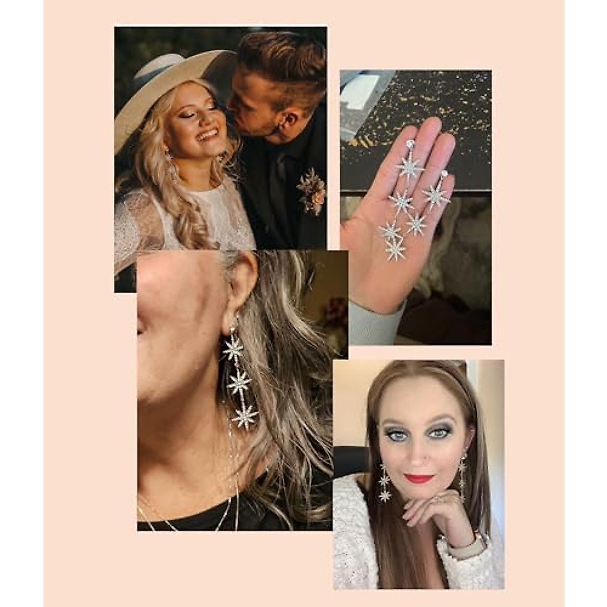 Blingsoul Gold Star Crystal Dangle Earrings – Sparkly Gold Rhinestone Earrings Dangling Style with Hexagram Star Earrings for Women Brides | [J100046] Star Snowflakes | Gold