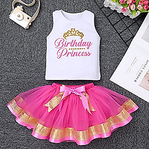 Toddler Kid Baby Girl 1/2/3/4/5/6 Year Old Birthday Party Dress Sleeveless Printed Vest Tops+Princess Tulle Tutu Skirt+Flower Crown Outfit Summer Clothes Cake Smash Photography Hot Pink 4-5 Years