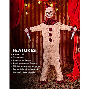 Spirit Halloween 4.9 Ft Dagger Mike Animatronic | Decorations | Animated | Pop-Up Motion | Plays Sounds | Clown Animatronic