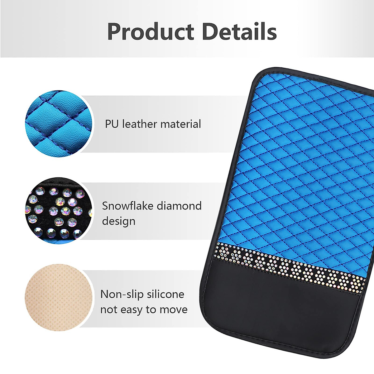 jeseny Pack-1 Car Auto Armrest Cover Pad, Car Central Armrest Case Cover with Glossy Crystal Rhinestone, Universal Car Armrest Cushion Protector (Blue)