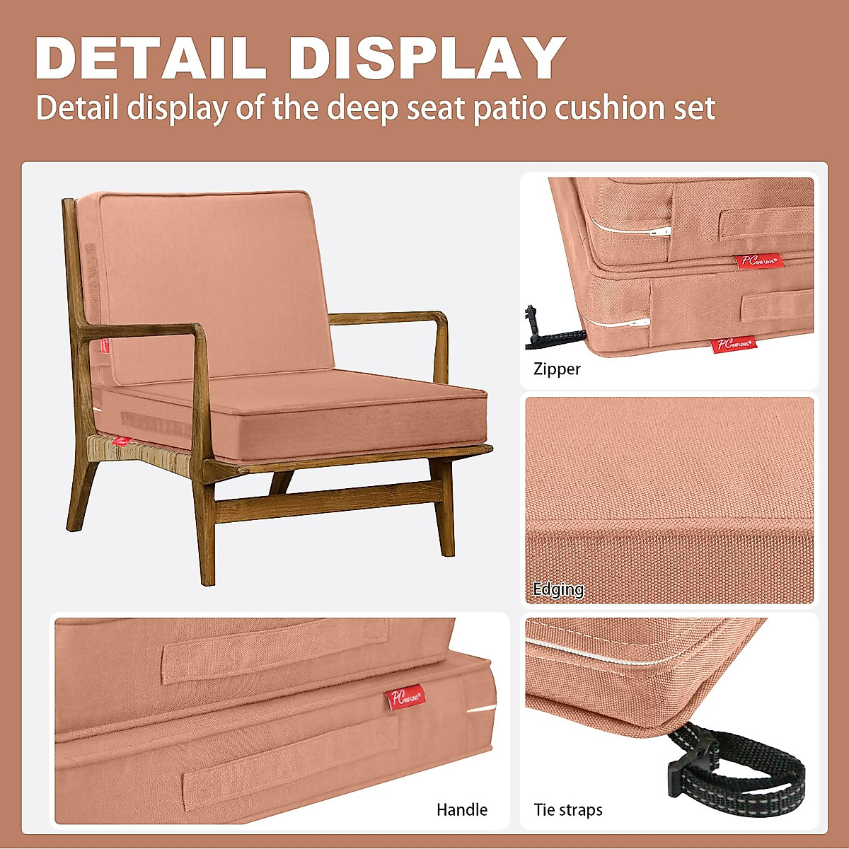 Pcinfuns Outdoor Deep Seat Cushions 24 x 24 Inch Chair Cushions for Patio Furniture,Thick 3 Inch Patio Pads with Removable Cover with Handle & Adjustable Straps for Patio,Yard,Garden,Light Orange