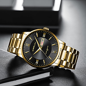 CRRJU Men's Fashion Luxury Golden Auto Date Watches Business Casual Japan Movement Quartz Waterproof Wristwatches for Men,Golden Stainsteel Steel Band Watch