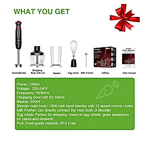 Vavsea Immersion Hand Blender, 12-Speed Multi-Function Handheld Stick Blender with Stainless Steel Blades, Chopper, Beaker, Whisk and Milk Frother for Baby Food/Smoothies/Puree, BPA Free