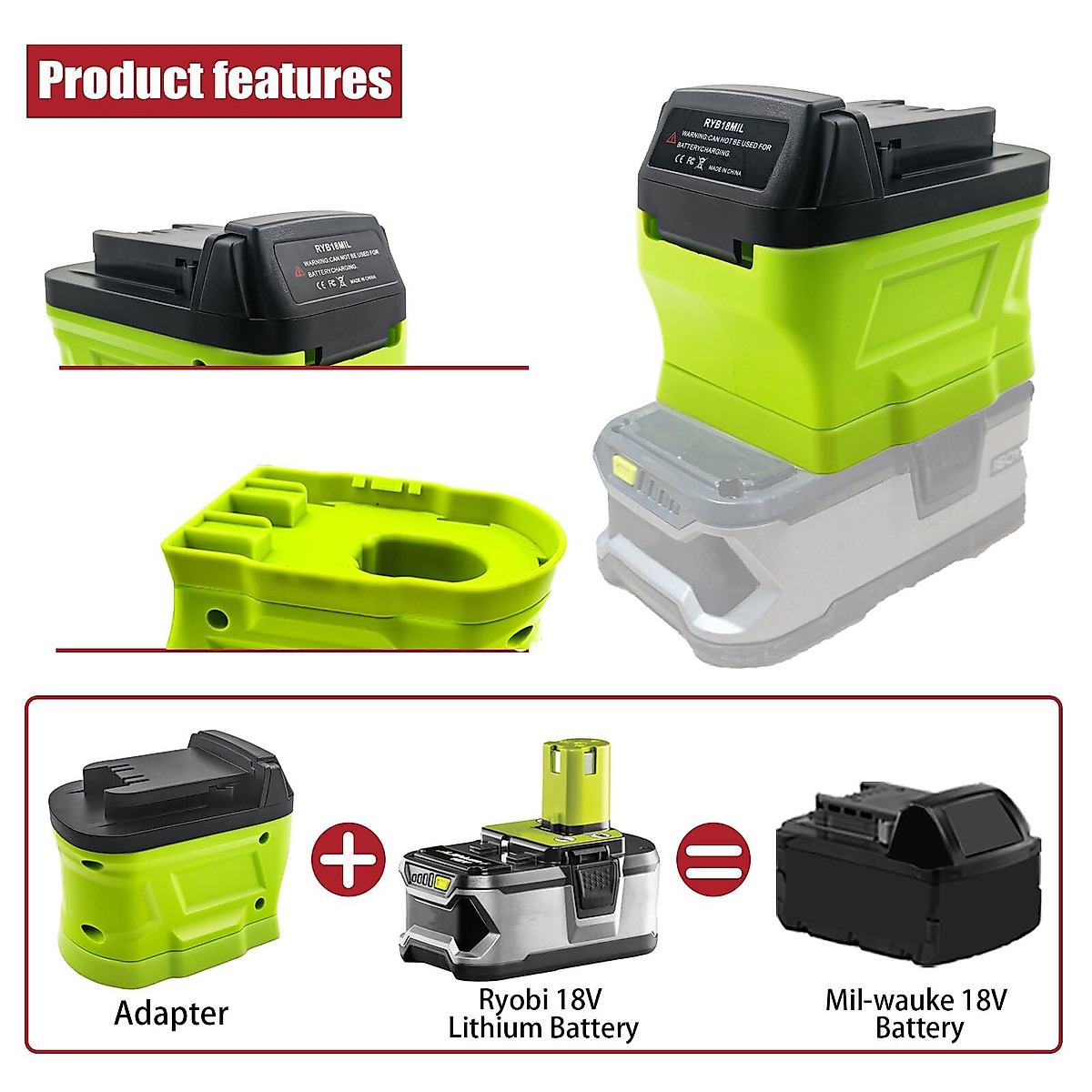 Laimiao Adapter for Ryobi 18V Battery, Convert to Replace for Milwaukee M18 18V Lithium Battery for Milwaukee M18 18V Power Tools(RYB18ML Adapter Not Battery)