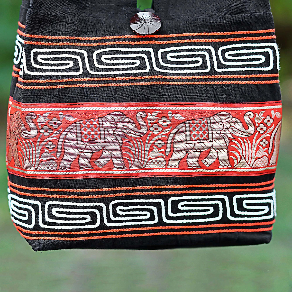 NOVICA Artisan Handmade Cotton Blend Shoulder Bag Black Vermilion from Thailand Wood Handbags Orange Gold Tone Embroidered Animal Themed Elephant ' Thai Elephants in Vermilion'