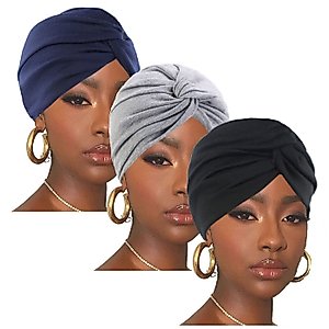 3Pack Turban Chemo Beanie, Head Wrap Cap Cotton India Headwear for Woman Cancer Patient (Black&Gray&Navy)