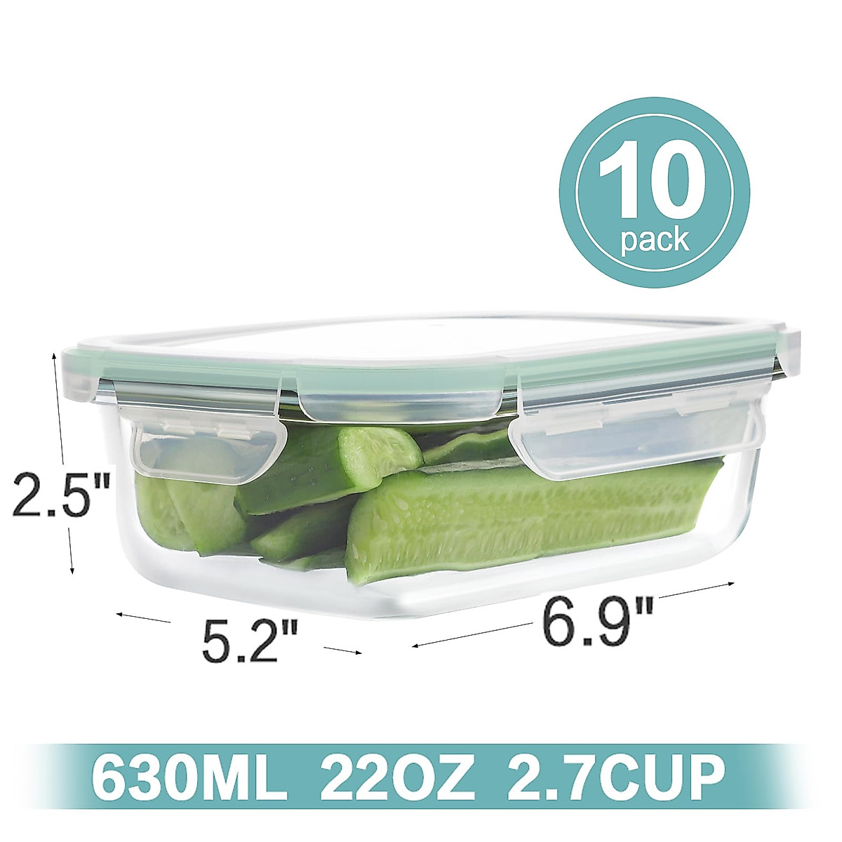 HOMBERKING 10 Pack 22oz Glass Meal Prep Containers, Glass Food Storage Containers with Lids, Airtight Glass Lunch Bento Boxes, BPA-Free & Leak Proof (10 lids & 10 Containers) - Blue