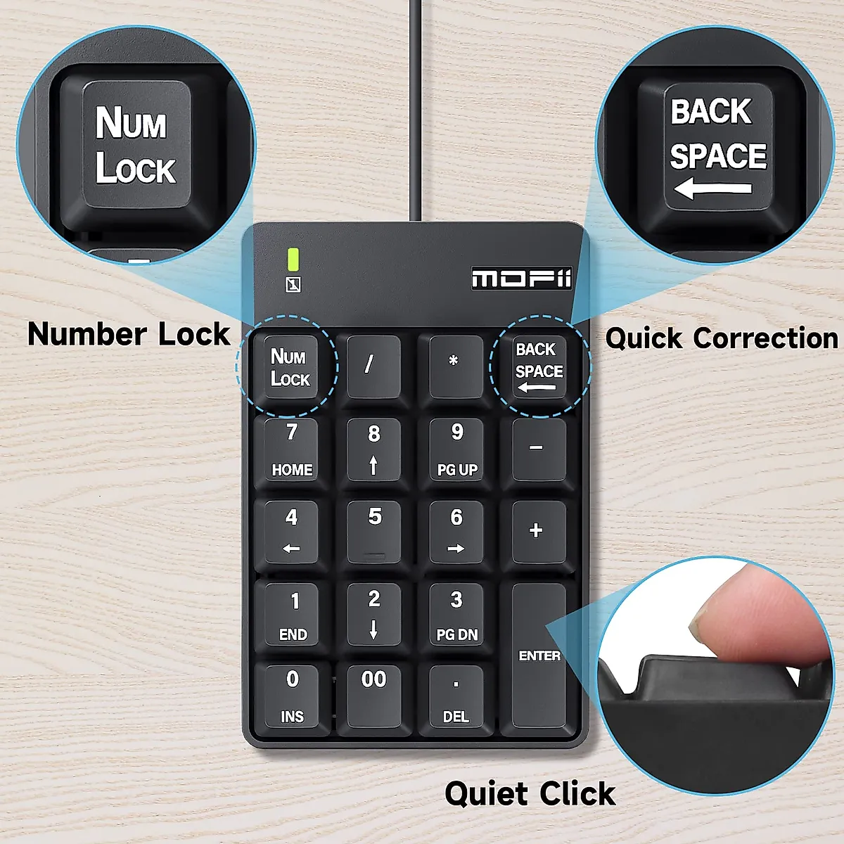 MOFII Wired Number Pad Numeric Keypad Silent 19 Keys USB Numpad, Portable Financial Accounting Keyboard 10 Key for Laptop/Computer/PC/Notebook/Surface Pro - Black