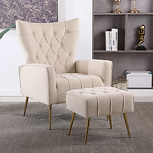 Modern Velvet Accent Chair with Ottoman, Elegant Wingback Armchair with Gold Metal Legs, Comfy Upholstered Single Leisure Sofa Reading Chair for Living Room Bedroom Club Apartment Home Office (Beige)