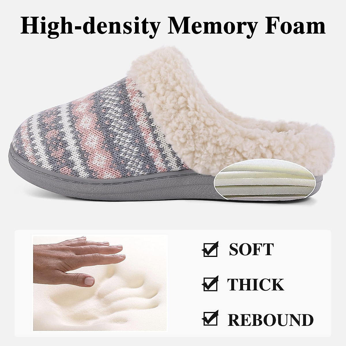 Evshine Warm Knit House Slippers for Women Comfy Fleece Lined Winter Slippers with Memory Foam and Indoor Outdoor Soles Pink 40-41 (Size8-9)