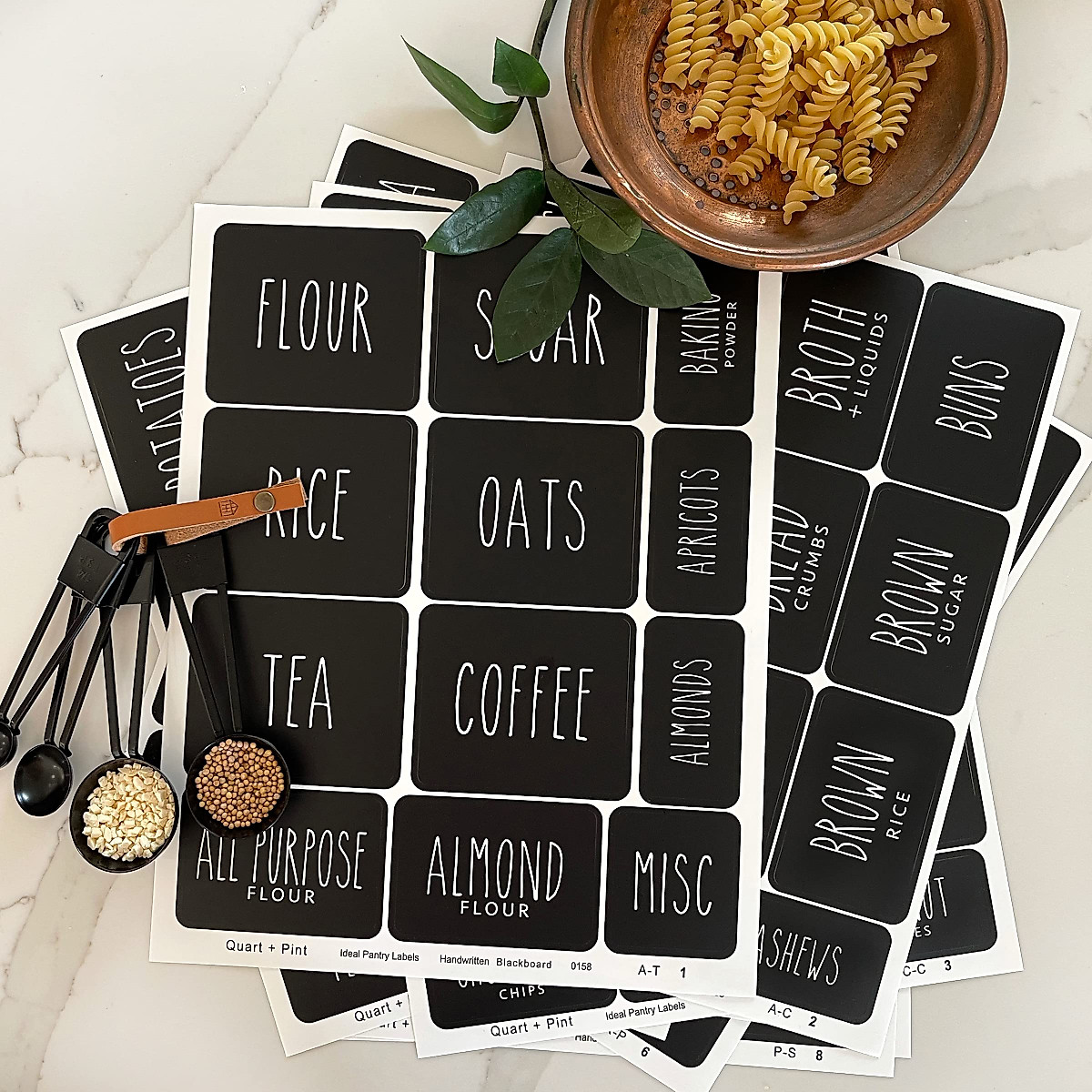 QUART + PINT 134 Kitchen Pantry Labels for Containers. Preprinted Retro Handwritten Style. Black Matte Sticker White Text. Waterproof Stickers. Organization Labels for Jars Canisters & Storage Bins.