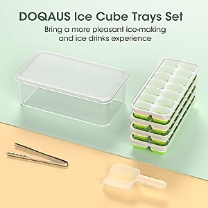 DOQAUS Ice Cube Tray with Lid and Bin, Silicone & Plastic Ice Cube Trays for Freezer with Ice Box, 4 Pack Ice Trays with Ice Container, Stackable Ice Tray with Storage Ice Bucket Bin, Ice Tong & Scoop
