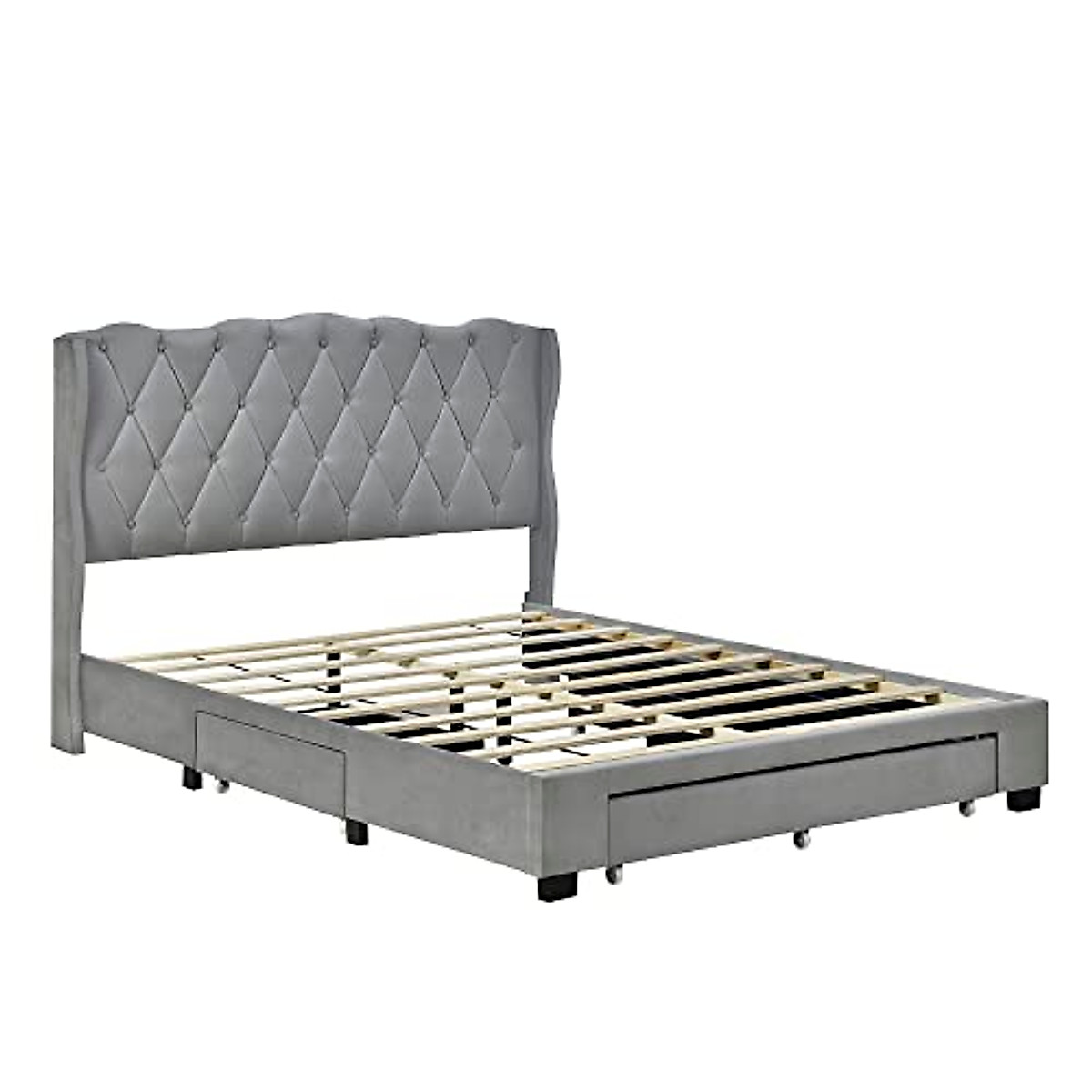 Polibi Queen Size Upholstered Platform Bed,Queen Bed Frame with Tufted Headboard and 3 Drawers, No Box Spring Needed,Velvet Fabric,Gray