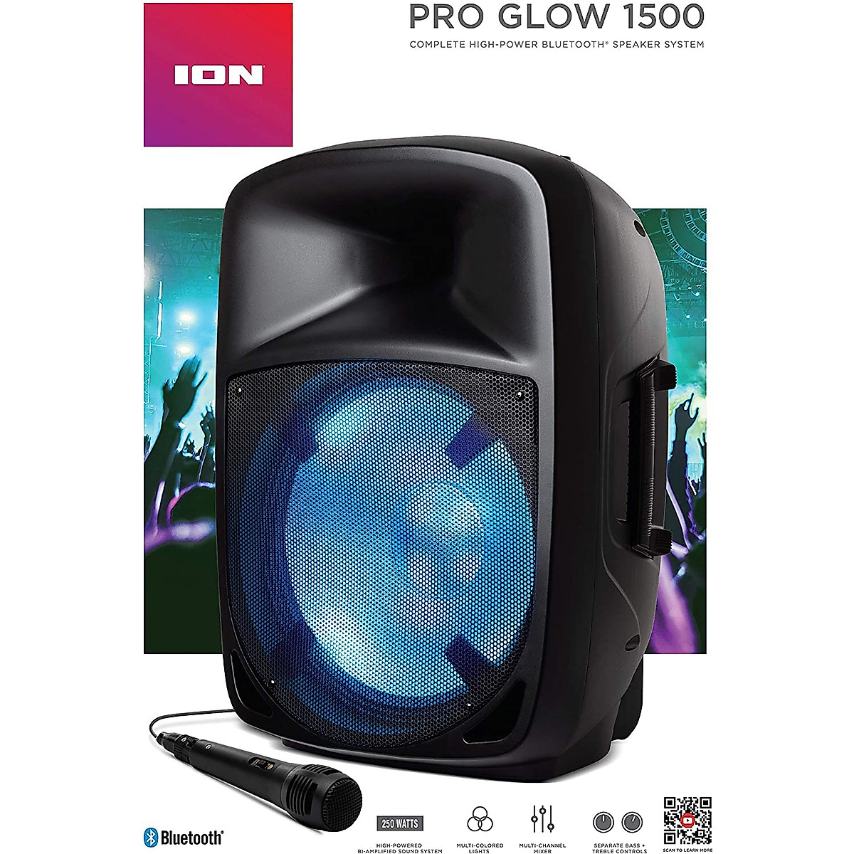Ion Audio Pro Glow 1500 Portable Bluetooth Speaker - Complete High-Power Speaker System with Microphone & Party Light Effects (Renewed)