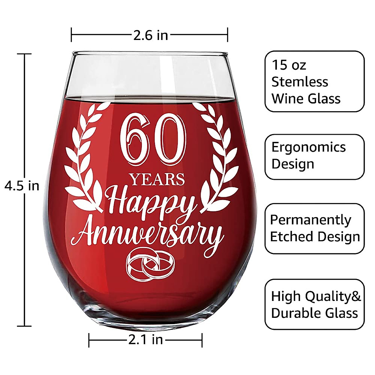 DYJYBMY Happy 60th Anniversary Funny Wine Glass 60th Anniversary Birthday Gifts Ideas for Women Mom Dad Husband Wife 60th Birthday Party Wedding Anniversary Party Favorite Couples Gift