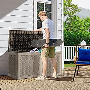 YITAHOME 100 Gallon Large Deck Box w/Storage Net, Resin Outdoor Storage Boxes, Waterproof Patio Cushion Storage Bench for Patio Furniture, Pool Supplies, Garden Tools- Rattan,Lockable (Light Brown)