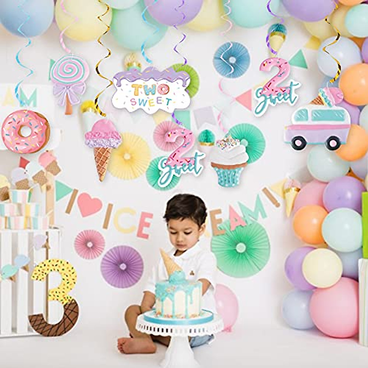 20Pcs Ice Cream Two Sweet 2nd Birthday Party Supplies, Ice Cream and Donut Party Hanging Swirl Decorations, Summer Ice Cream Party Hanging Streamer for Ice Cream Baby Second Birthday Donut Theme Party
