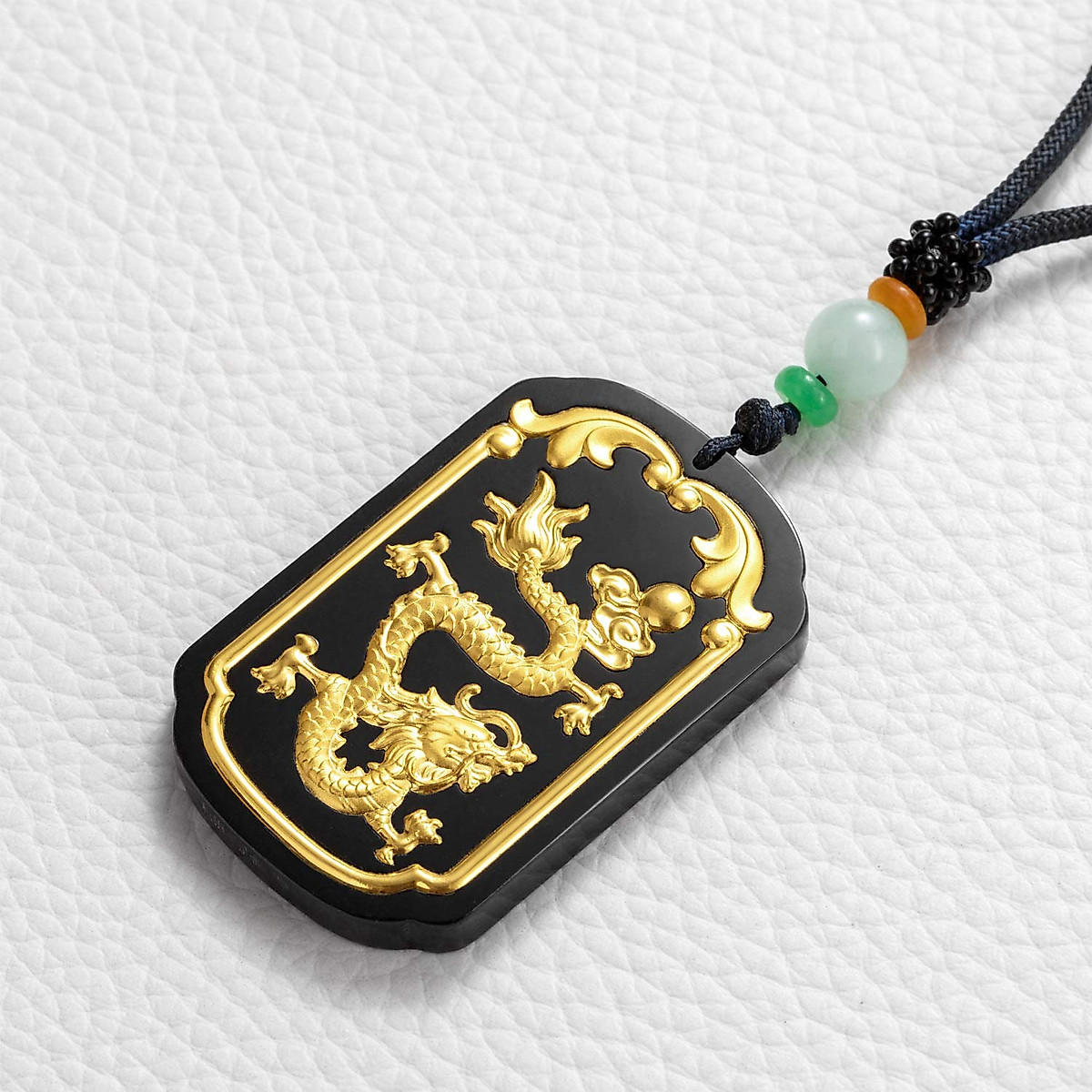 Natural Nephrite Jade Dragon Necklace Pendant Inlaid with 22K Gold Good Luck Charm Jade Jewelry(Dragon)