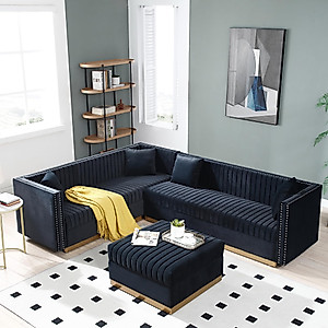 Holaki Vintage Glamour Channel Tufted Velvet SectionalSofa,Modern Upholstered 5 Seater Corner Couch,Solid Wood Frame Accent Sofa Sets for Living Room with Nailhead Trim,Ottoman and 4 Pillows(Black)